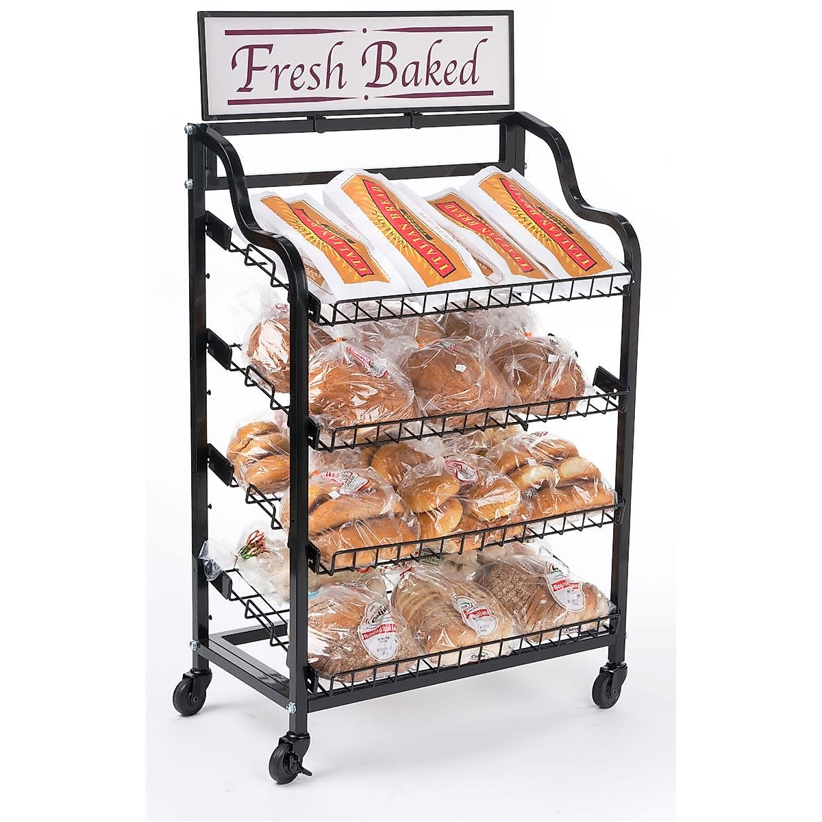 Displays2go Wheeled Metal Rack with Four Tilting Wire Shelves, Black (BAKCRT4NBK)
