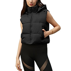 WEQULE Women's Cropped Puffer Vest Hooded Zip Up Winter Sleeveless Jacket lightweight Outwear Padded Gilet with Pockets(0001-Black-L)