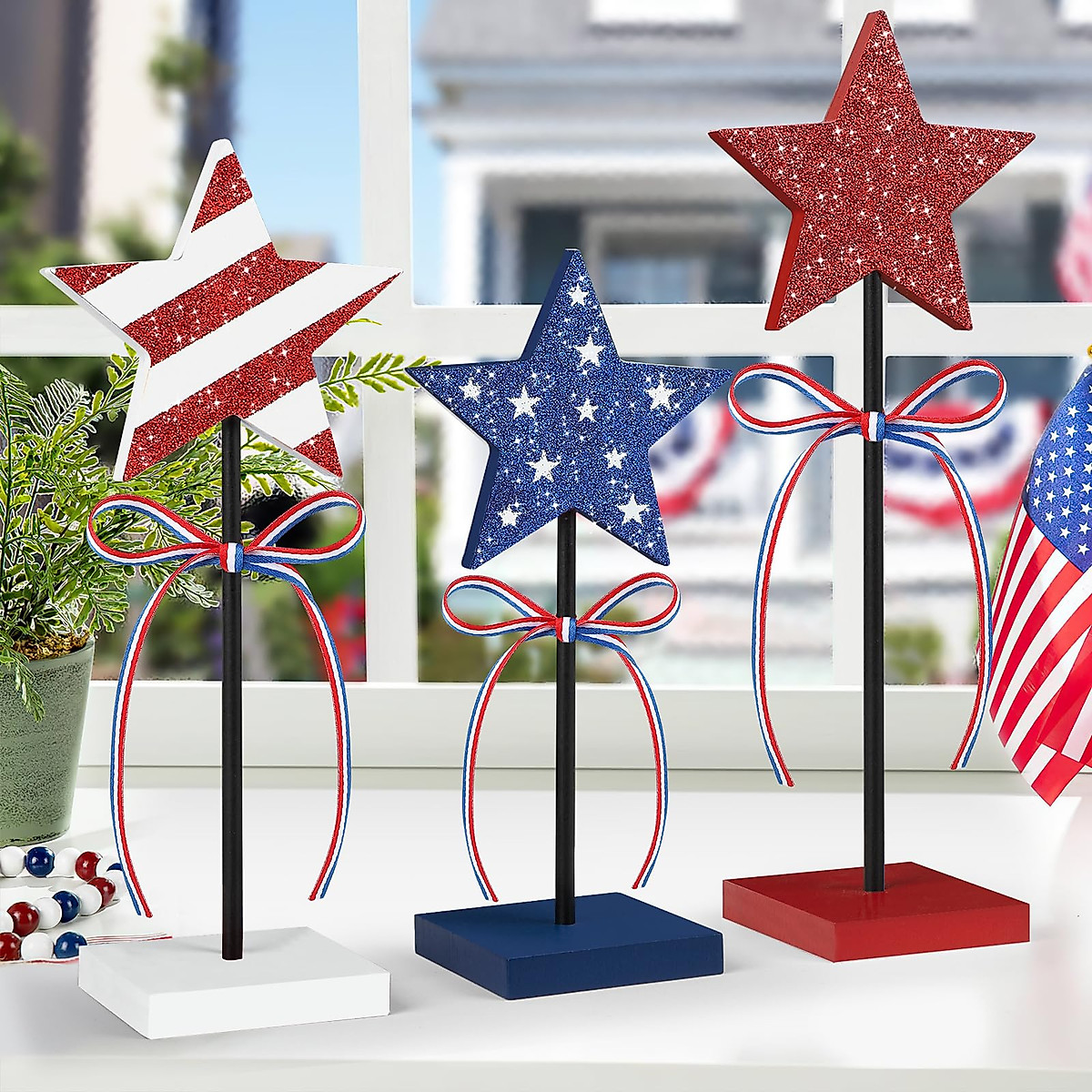 Labor Day Tiered Tray Decor Wooden Star Set, 3 Pcs Veterans Day Table Decorations, Rustic Patriotic Tabletop Home Decor, Red White and Blue Decorations for Celebration Home (Shiny)