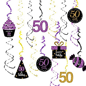 Qian's Party 50th Birthday Decorations for Women Purple Gold Black Purple Gold Foil Hanging Swirls 50th Birthday Party Decor – Women Purple 50th Birthday Party Decorations