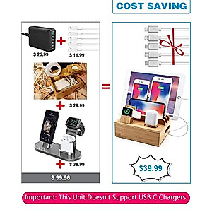 Bamboo Charging Station for Multi Device with 5 USB A Charger Port Sendowtek 6 in 1 Charging Stand for Phone Tablet Smart Watch Holder Earbud Dock Charger Organizer with Power Supply(no watch charger)