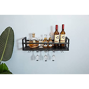 Fhesap Wall Mounted Wine Rack, Hanging Wine Rack, Wine Glass Rack Holds Wine Bottles and 5 Stemware Glass Holder, Metal Wine Storage Rack for Home Kitchen, Dining Room, Bar Décor, Black