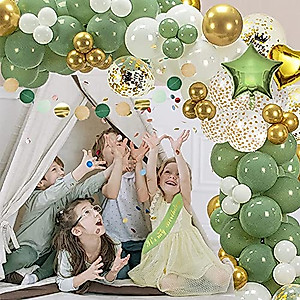 GYESXYW Sage Green Party Decorations, Olive Green and Gold Birthday Decorations Happy Birthday Banner, Birthday Sash and Gold Confetti Balloons for Men Women Boys Girls Baby Shower Birthday Supplie