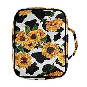 Coldinair Cow Sunflower Print Bible Cover for Women Girls Kids,Portable Carrying Book Case Church Bag Bible Protective with Handle and Zippered Pocket