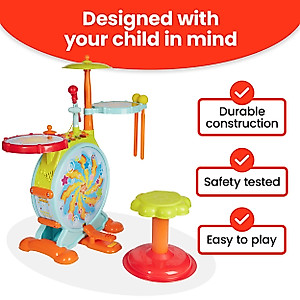 Prextex Kids Drum Set - Toddler Drum Set Includes Toy Microphone, Adjustable Sound Bass, Electric Drums & Drum Sticks (for Ages 3-6)
