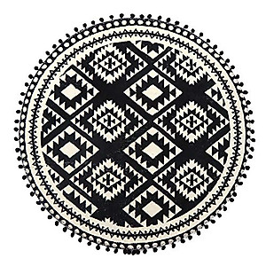 HAOCOO Round Area Rugs with Pom Pom Ball Fringe Boho Geometric Throw Rugs Non-Slip Soft Velvet Black and Beige Floor Carpet for Bedroom Living Room Nursery Decor(4ft)