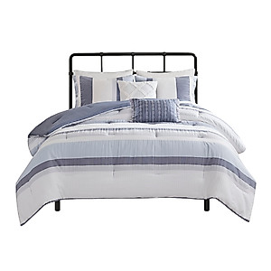 Madison Park Allegany Jacquard Comforter Set, Casual Farmhouse Striped Design, Modern Bedroom Décor, All Season Bedding with Matching Sham, Decorative Pillows, King/Cal King, Blue 5 Piece