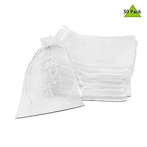 Organza Bags - 50 Pack 5x7 Inch Small Sheer Drawstring Pouches, Mini White Sachet Mesh Cloth Bags in Bulk for Business, Party Favor Gifts, Jewelry, Soap, Lip Gloss, Weddings, Candy, Treats