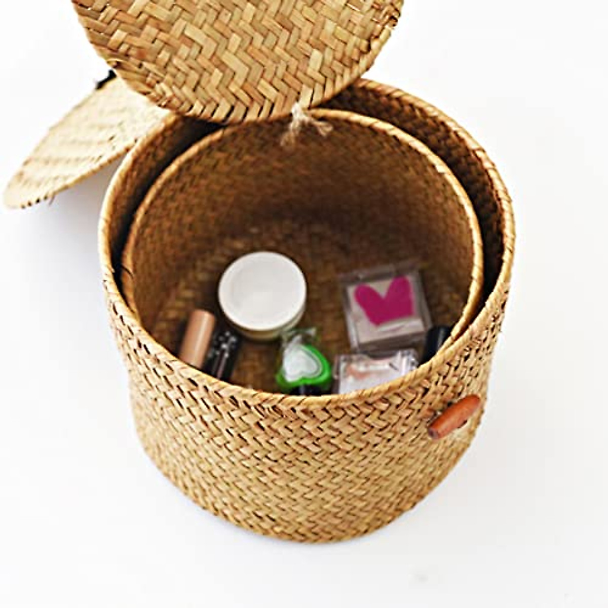 Decorative Wicker Storage Bins with Lids Woven Rattan Seagrass Storage Basket Round Household Organizer Boxes for Organizing Shelves Bathroom Bedroom