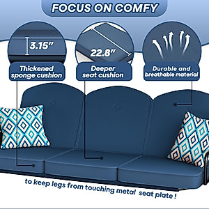 ZZW 3 Seat Outdoor Porch Patio Swing 800lbs 2-in-1 Patio Swing Glider Chair with Adjustable Canopy & Removable Cushion Outdoor Adult Swing with Stand for Yard Porch Garden Deck (Blue, Square Tube)