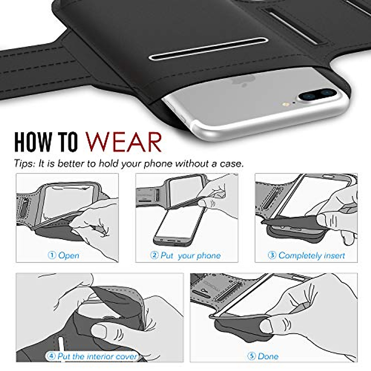 MoKo Phone Armband, Water Resistant Running Cell Phone Armband with Key Holder Adjustable Band Compitable with iPhone 11 Pro, X, Xs, 8, 7, 6, 6s, 5s, 5c, SE, 5, 4S,4 for Walking Fitness, Black