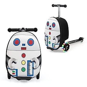 HONEY JOY Kids Scooter Suitcase, 18” Children Carry on Scooter Luggage w/Light-up LED Wheels, Waterproof Shell & Retractable Handle, Lightweight Foldable Ride on Suitcase for Kids Boys Girls(Robot)