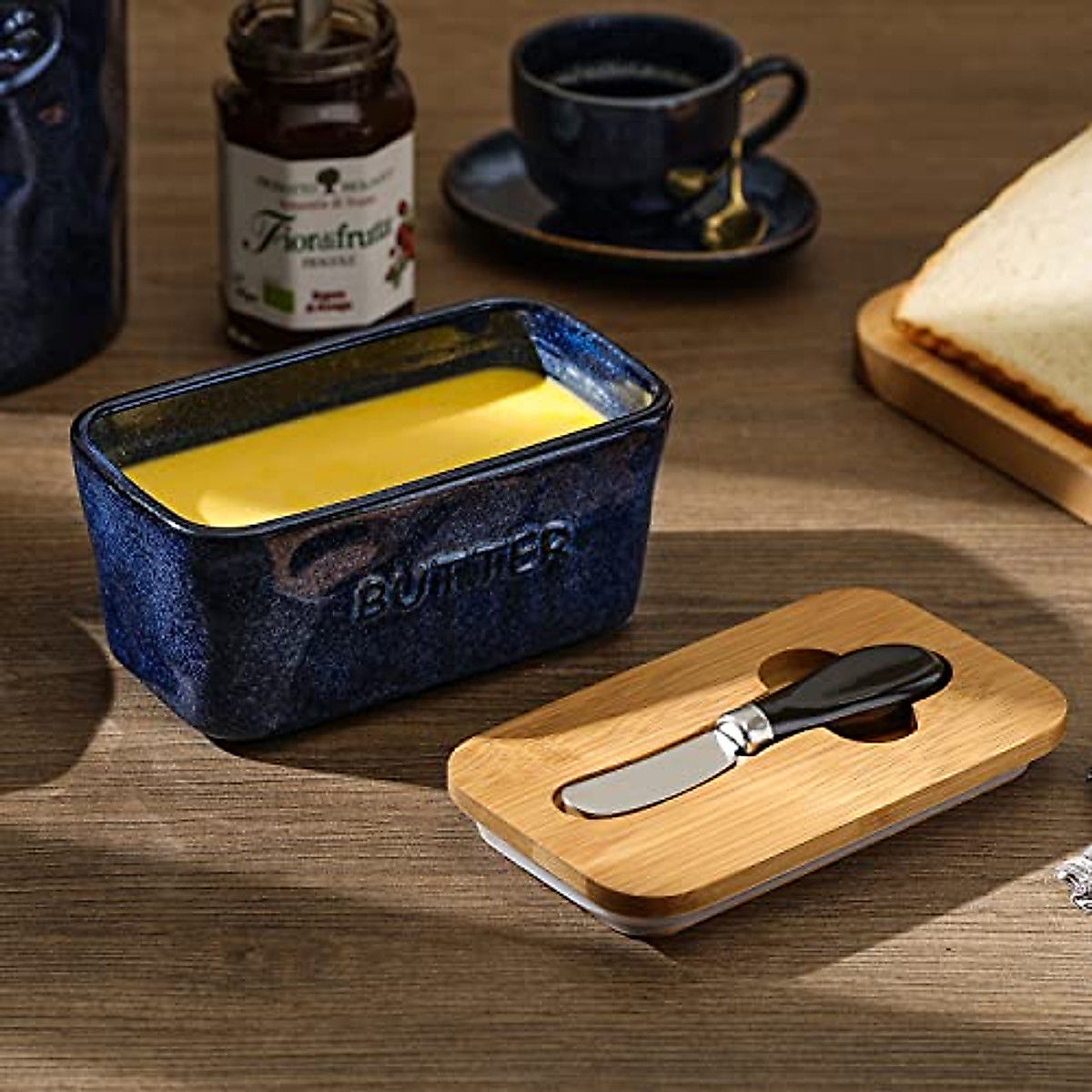 Ceramic Butter Dish Keeper Container - Vicrays Porcelain Airtight Lid Butter Container with Knife for Countertop - Large Butter Keeper Crock for West or East Coast Butter - Blue