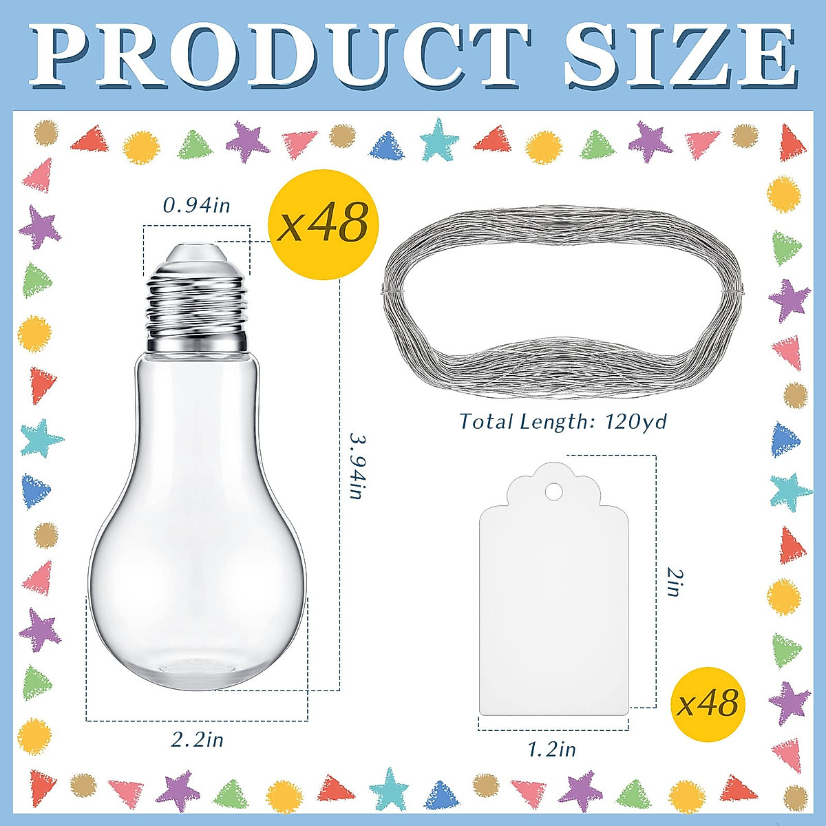 Tessco 48 Pieces 100 ML Plastic Light Bulb Jars with Graduation Card and String, Light Bulb Candy Containers Clear Candy Jars Fillable Lightbulb Ornaments for Crafts Drink Party Favors (Silver)