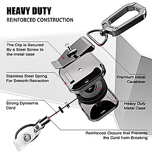 ELV Retractable ID Badge Holder, Heavy Duty Metal Body and Upgraded Dyneema Cord, Carabiner Key Chain Metal Keychain with Belt Clip and 31 inch Wire Extension, Hold Up to 15 Keys and Tools