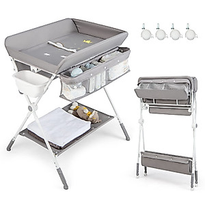 BABY JOY Portable Baby Changing Table, Foldable Diaper Changing Station w/Wheels, Adjustable Height, Large Storage Rack, Water Basin, Safety Belt, Mobile Nursery Organizer for Newborn Infant (Gray)
