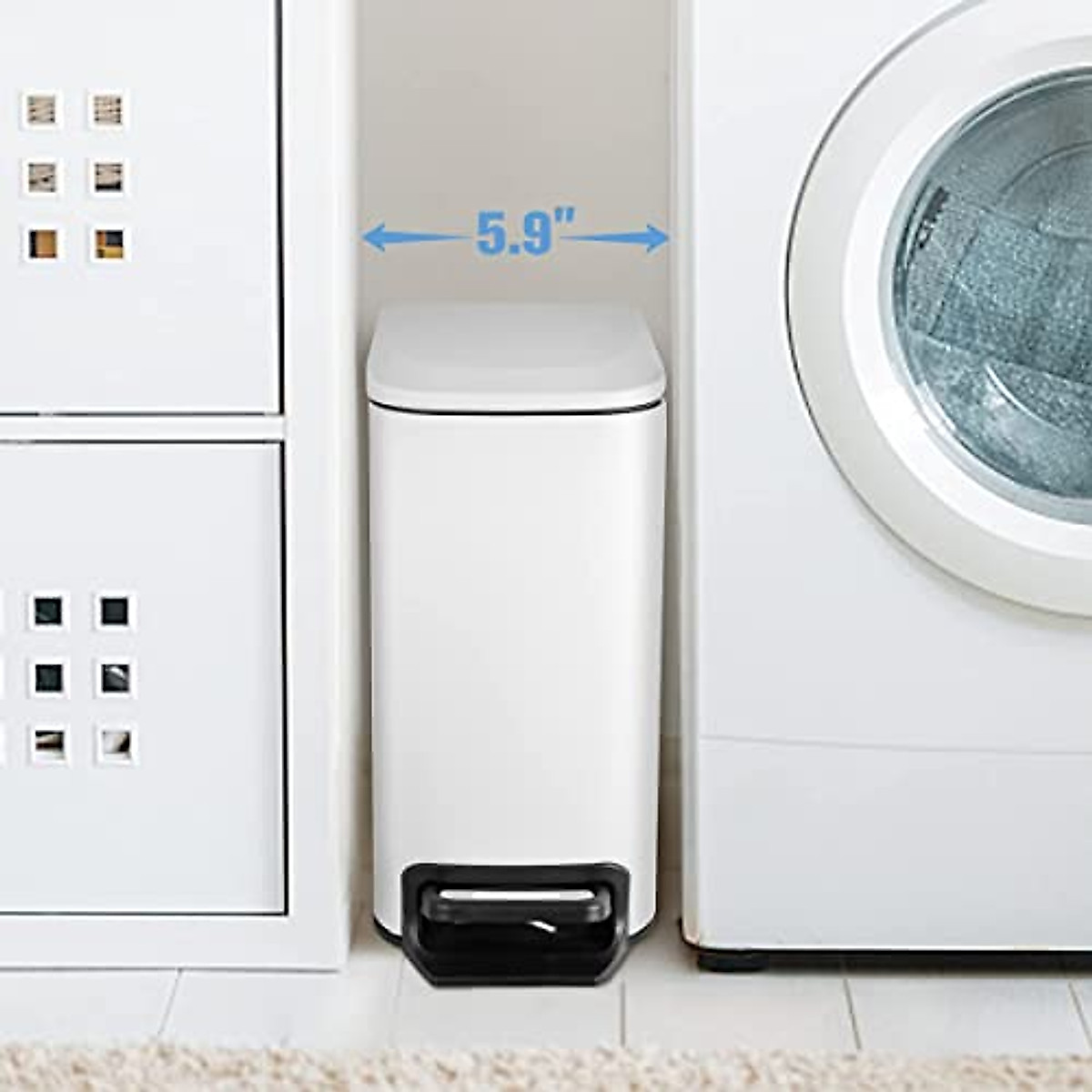 TrashAid Small Bathroom Trash Can with Lid Soft Close, 6 Liter / 1.6 Gallon Stainless Steel Garbage Can Narrow with Removable Inner Bucket, Step Pedal (White)