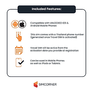 SimCorner Thailand Travel SIM Card (35GB, 15 Days) - AIS SIM for Tourists w/Free AIS WiFi & Prepaid Talktime - 3-in-1 4G Hotspot Card: Standard, Micro, Nano SIM for Unlocked Phones