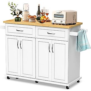 Pliwier Kitchen Island Cart on Wheels with Cabinet, Rubberwood Countertop, Lockable Casters, Adjustable Shelves, Kitchen Storage Islands for Dining Room, L48xW18xH36 Inches, Easy Assembly