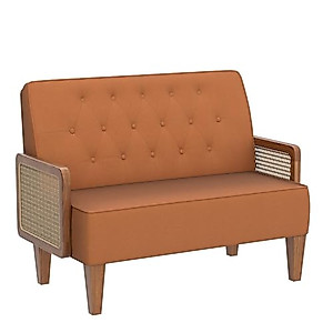 annjoe Button Tufted Loveseat Settee Upholstered Sofa with Natural Rattan Armrest Backrest Buckle Couch Banquette Bench for Dining Room Living Room Bedroom Funiture