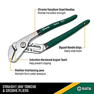 SATA 10-Inch Tongue-and-Groove Pliers, Straight Jaw Design, with Chrome Vanadium Steel Construction and Green Dipped Handles - ST70412ST