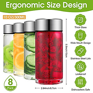 8 Pcs Wide Mouth Glass Water Bottles Reusable Glass Bottles with Lids Leakproof Juice Jars with Lids for Fridge Milk Juicing Smoothies Infused Water Beverage Kombucha Tea Drinking (Silver,10 oz)