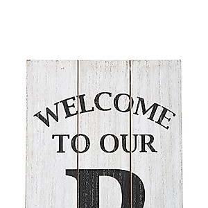 Glitzhome 42"H Wooden Welcome Porch Sign for Front Door with Cute Metal Hanging Planter, Washed White