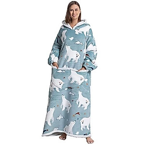 Queenshin Polar Bear Wearable Blanket Hoodie, Extra Long Oversized Sherpa Comfy Sweatshirt Robe for Adults Women Men, Warm Cozy Animal Hooded Body Blanket
