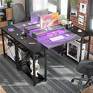 armocity Computer Desk with LED Lights, 55 Inch Desk with Power Outlet and USB, Reversible Large Desk with Moveable Monitor Stand, 55.2'' Gaming PC Table for Home Office, Workstation, Grey and Black