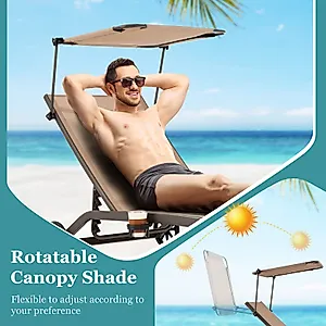 HAPPYGRILL Chaise Lounge with Wheels & Adjustable Canopy Shade, Outdoor Mobile Tanning Chair with Cup Holder, Recliner Chair for Patio Poolside Lawn Beach