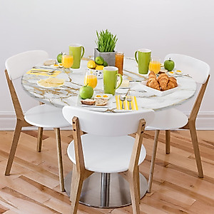 AUUXVA Marble Round Tablecloth with Elastic Edge,White Gold Marble Fitted Table Cloth Waterproof Wipeable Round Table Cover for Dining Kitchen Party Indoor Outdoor Patio Table 45"-56" Diameter