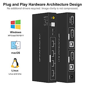 KVM Switch DisplayPort 2 Port 4K 60Hz USB2.0 DP 1.2 for DP KVM Switches 2 PC 1 Monitor Switch Support Wire-Desktop Controller Including 2 USB2.0 Cable