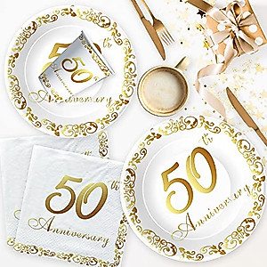 APOWBLS 50th Anniversary Decorations And Supplies Tableware - Golden 50th Wedding Anniversary Decorations, Plate, Napkin, Tablecloth, Fork, 50 Year Anniversary Party Supplies Decorations | Serve 24