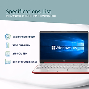 HP 15.6” HD Student Laptop, Intel Pentium Silver N5030, 32GB RAM, 2TB PCIe SSD, Intel UHD Graphics, HD Webcam, Numpad, Wi-Fi 5, Bluetooth, Win 10 S, Red, 32GB Snowbell USB Card
