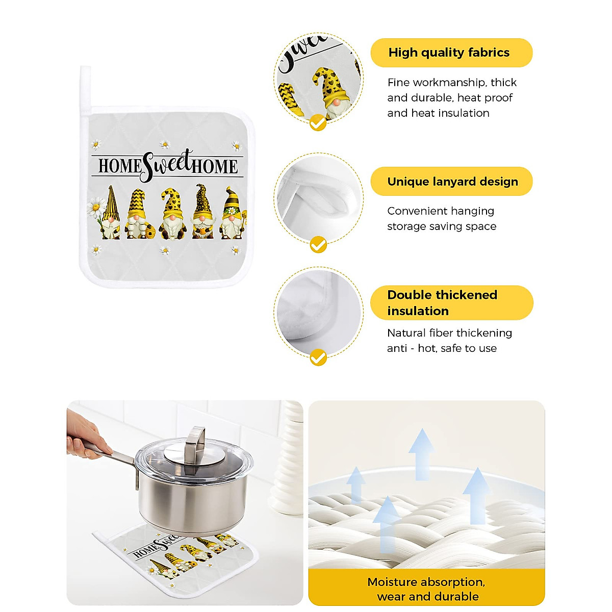 2 PCS Pot Holders for Kitchens Counter, Honey Gnomes Bee Comb Heat Insulated Podholders Oven Hot Pads for Cooking BBQ Baking Heat Proof Mat Spring Sweet Home White Daisy Floral Flower