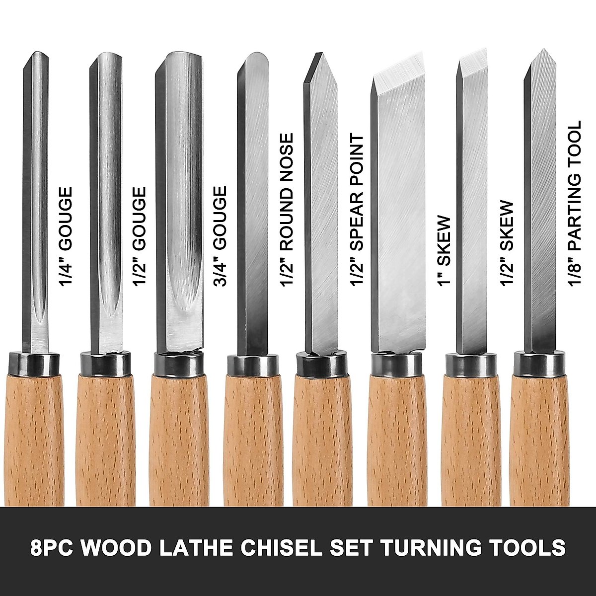 HAUTMEC Professional Wood Turning Chisel 8 pcs Set, Lathe Chisel Set with 2 Skew 1 Spear Point 1 Parting 1 Round Nose & 3 Gouge Tools for Beginners, Hobbyists and Professionals HT0237-WW