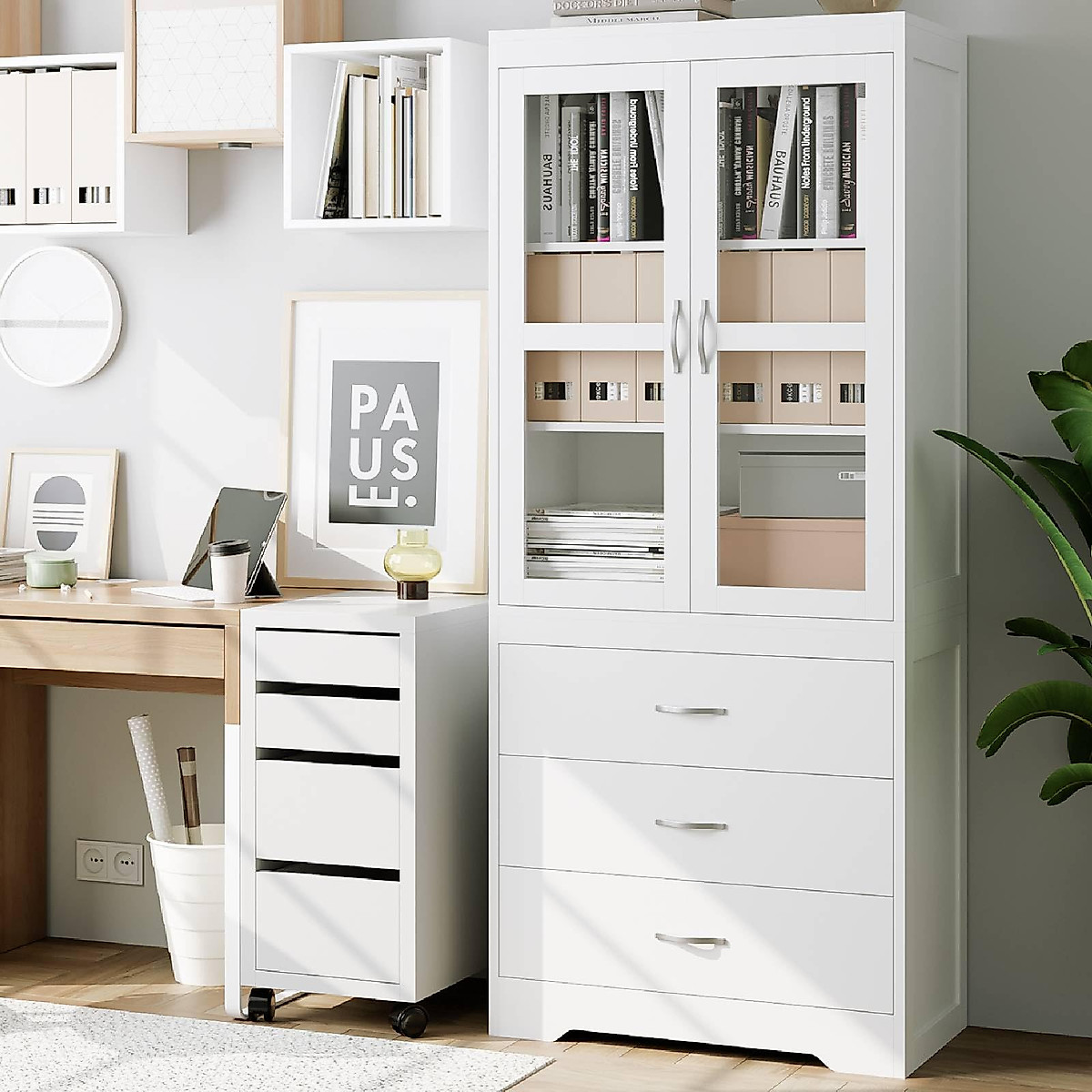 FOTOSOK White Kitchen Pantry Cabinet, 67’’ Tall Storage Cabinet with 2 Tempered Glass Doors, Modern Kitchen Cupboard, Bathroom Storage with 3 Shelves and 3 Drawers for Home Office