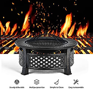 Giantex 3 in 1 Fire Pit, 32" Outdoor Wood Burning Fire Pit, Multifunctional Round Firepit Stove, Metal Firebowl with Cover, Portable Fire Pit for Outside Heating, Bonfire, Picnic, Grill