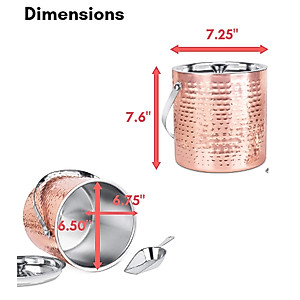 BirdRock Home Ice Bucket with Scoop & Lid - 2.8 Liter Hammered 18/8 Stainless Steel Container for Bar - Double Wall Insulated Bucket with Carrying Handle - Great for Parties - (Copper)