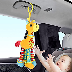 KAKIBLIN Baby Car Seat Toy, Baby Stroller Toys, Soft Hanging Rattle Baby Toy Teething Stuffed Toy, Animal Plush Wind Chime with Teether and C-Clip Ring for Infant(Yellow)