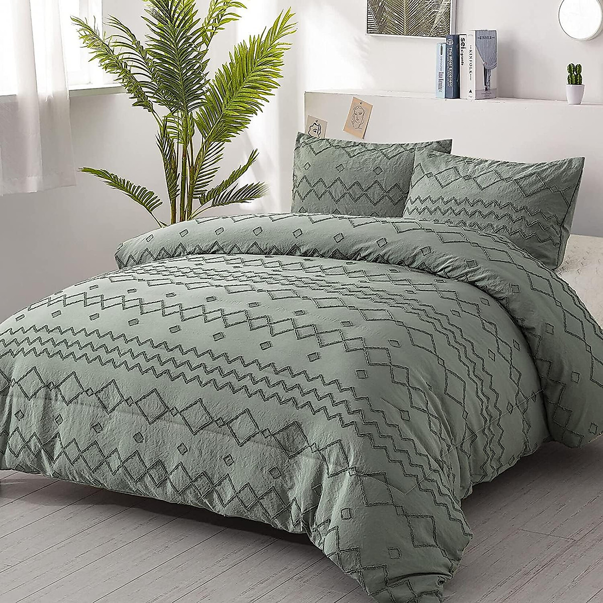 WONGS BEDDING Green Tufted Comforter Set Full Size (80×90 inches), Boho Shabby Chic Comforter Geometry Embroidery Bedding Set 3 Pieces Soft Microfiber Comforter for All Seasons