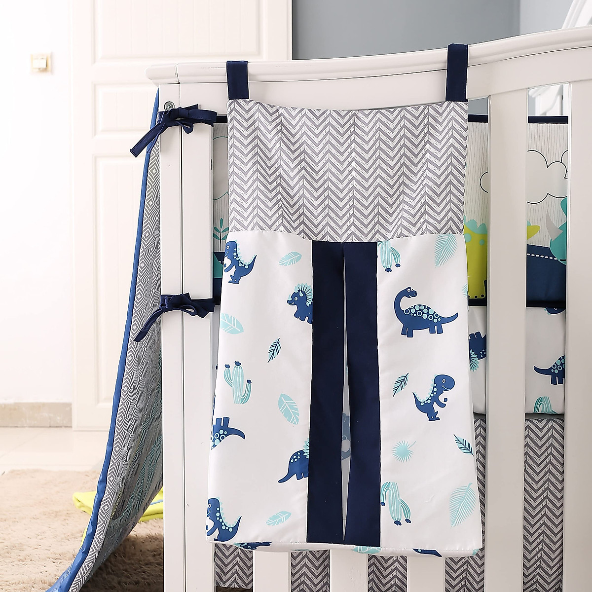 8 PC Dinosaur Crib Bedding Set for Baby Boys, Blue Nursery Set with Quilt/Sheet/Dust Ruffle/Blanket/Diaper Stacker/3 Wall Stickers, (0363)