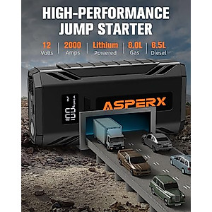 ASPERX 3500A Battery Jump Starter with PD 30W Fast Charging (Up to 10L Gas/8.5L Diesel Engines), 12V Battery Starter with 4 Inch LCD Display, Lithium Battery Booster with LED Light