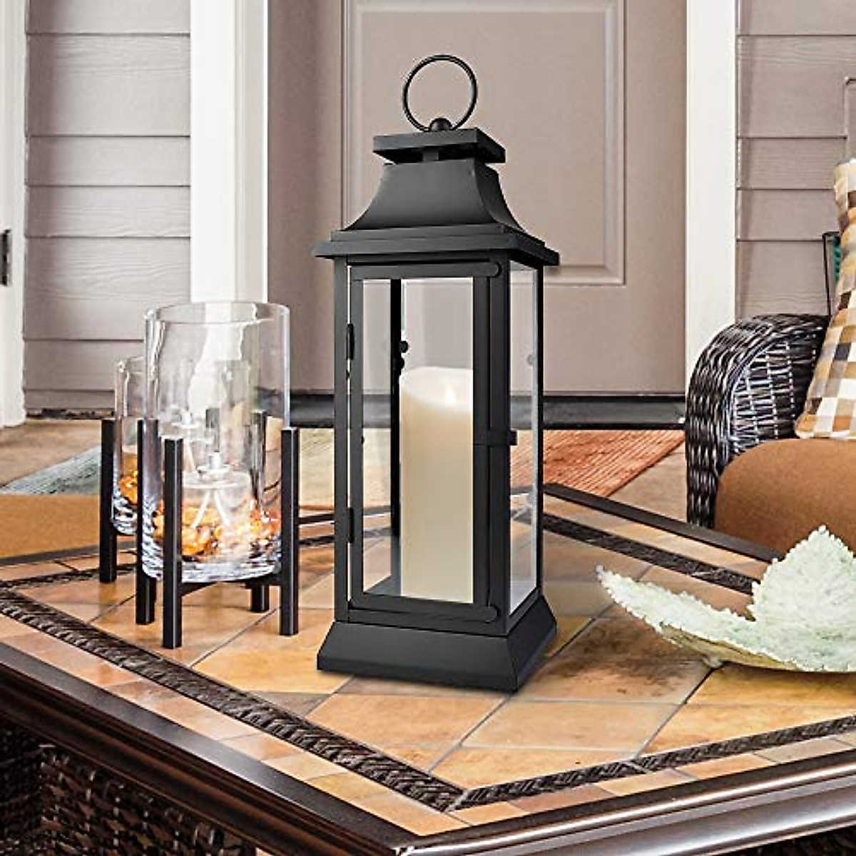 Serene Spaces Living Black Hurricane Lanterns with Clear Glass Panels, Perfect for Home Decor, Parties & Events, Table Top Or Hanging Lantern for Indoor & Outdoor, Measures 15" Tall and 5" Diameter