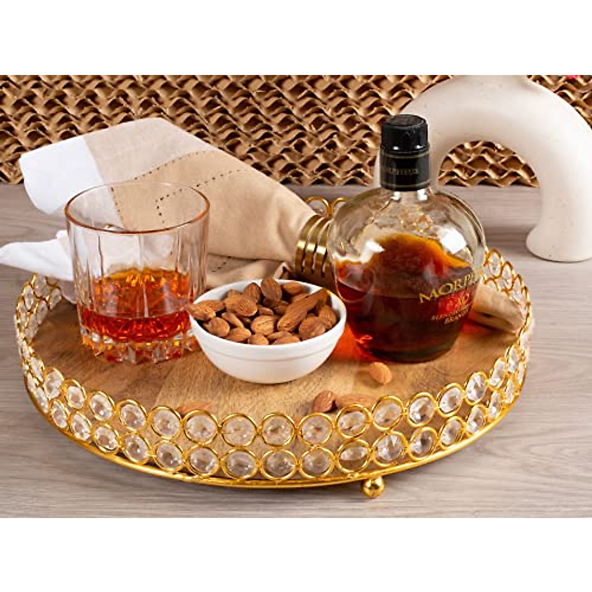 Wooden Round Serving Tray for Living Room,Decorative Coffee Table Tray,Round Wood Tray for Ottoman or Side Table, Charcuterie Board or Cheese Platter, Wooden Metal Tray 12" Dia with Golden Natural