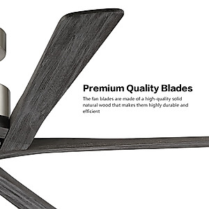 WINGBO 64 Inch DC Ceiling Fan without Lights, 5 Reversible Carved Solid Wood Blades, 6-Speed Noiseless DC Motor, Ceiling Fan No Light with Remote, Brushed Nickel Finish with Gray Blades, ETL Listed