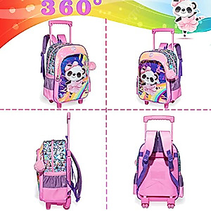 HTgroce 3pcs Panda Rolling Backpack Girls Travel Roller Bag with Wheels Kids School Bags Wheeled Luggage Backpack