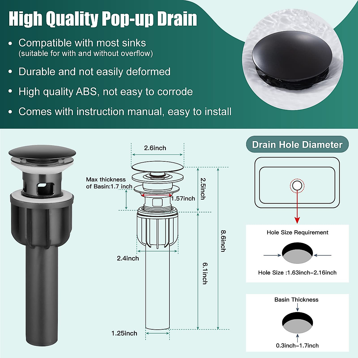 Heyalan RV Bathroom Sink Faucet,Bar Faucets Single Hole,RV Kitchen Restroom Campers Tap with Deck Plate & Drain Stainless Steel 360 Degree Rotation Spout,Matte Black,Circular Handle