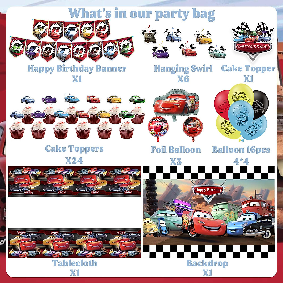 Cars Birthday Party Supplies, Lightning McQueen Cars Birthday Decorations Include Birthday Banner, Foil Balloons, Backdrop, Tablecloth, Cupcake Toppers for Boys Girls