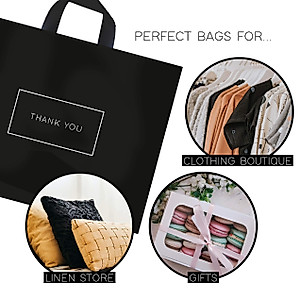 Purple Q Crafts Thank You Bags for Business Black Plastic Bags 50 Pack with Soft Loop Handle Thank You Shopping Bags for Boutique (15"x12")…